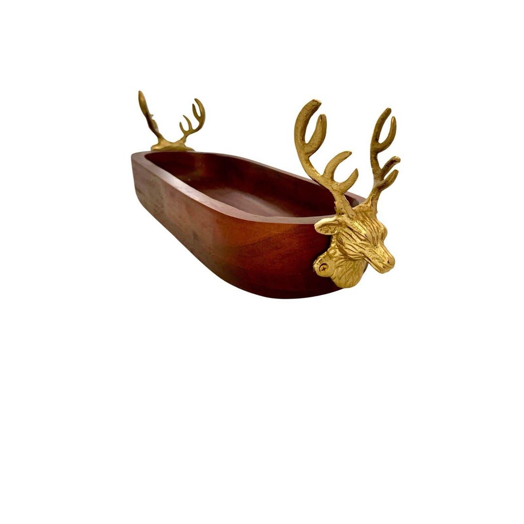 Serving Tray Wood With Metal Deer Head Handle Antler on Multiuse Dish ...