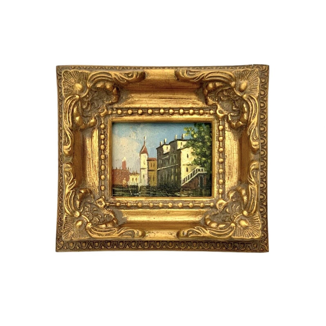 Painting Miniture Scene Oil on Board Golden Frame Miniature Vintage Art ...