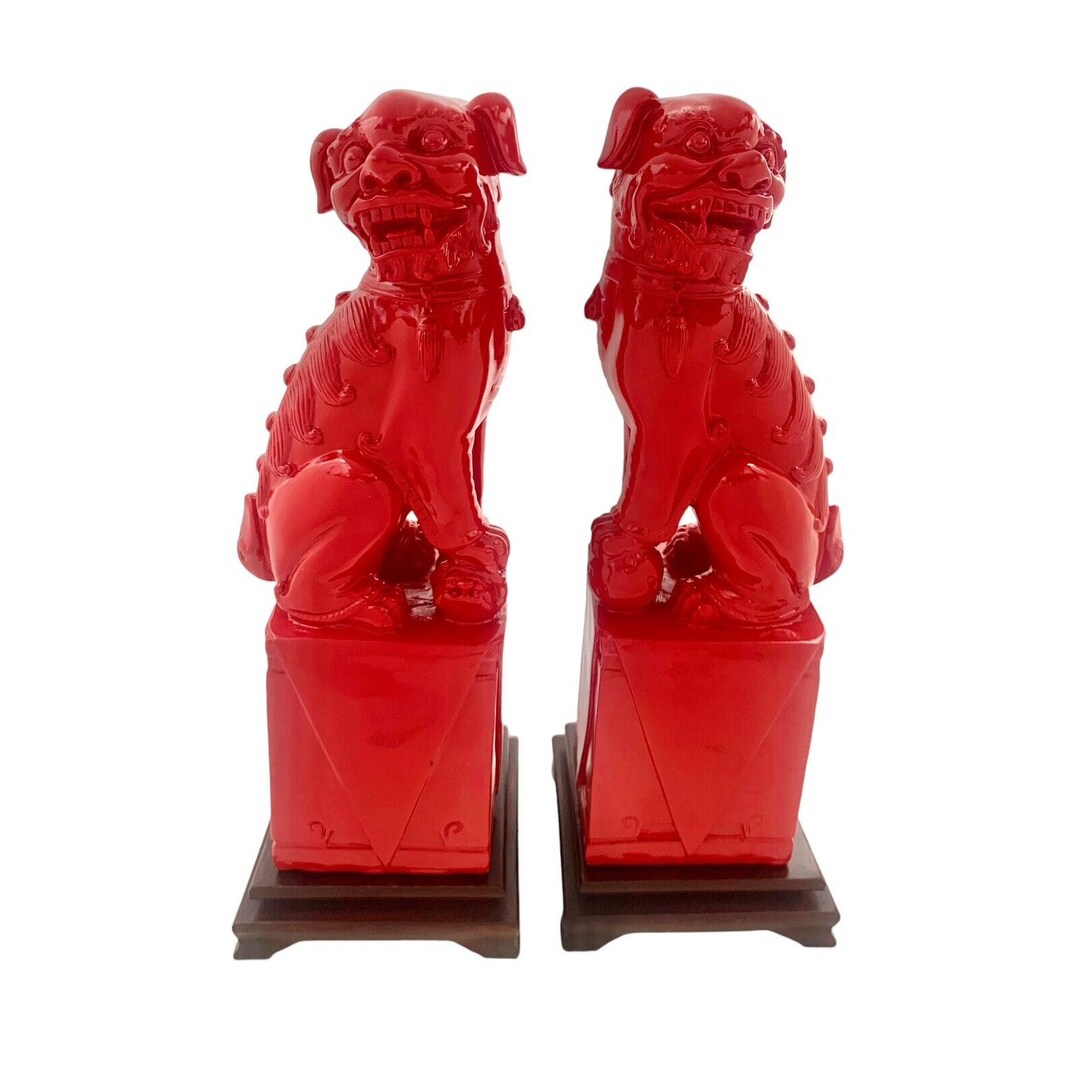 Foo Dog Red Large 15”resin Figurine Pair Fu Foo Guardian Lion Statue ...