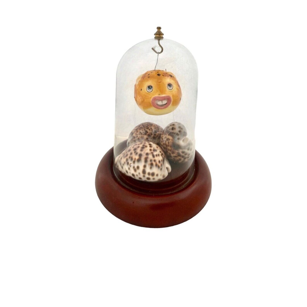 Smiling Puffer Fish Ceramic Figurine With Seashell in Glass Dome Fun ...