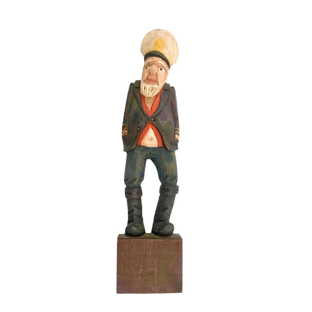 Boat Sea Captain Figure Hand Carved Wood Fisherman Sailor Vintage ...