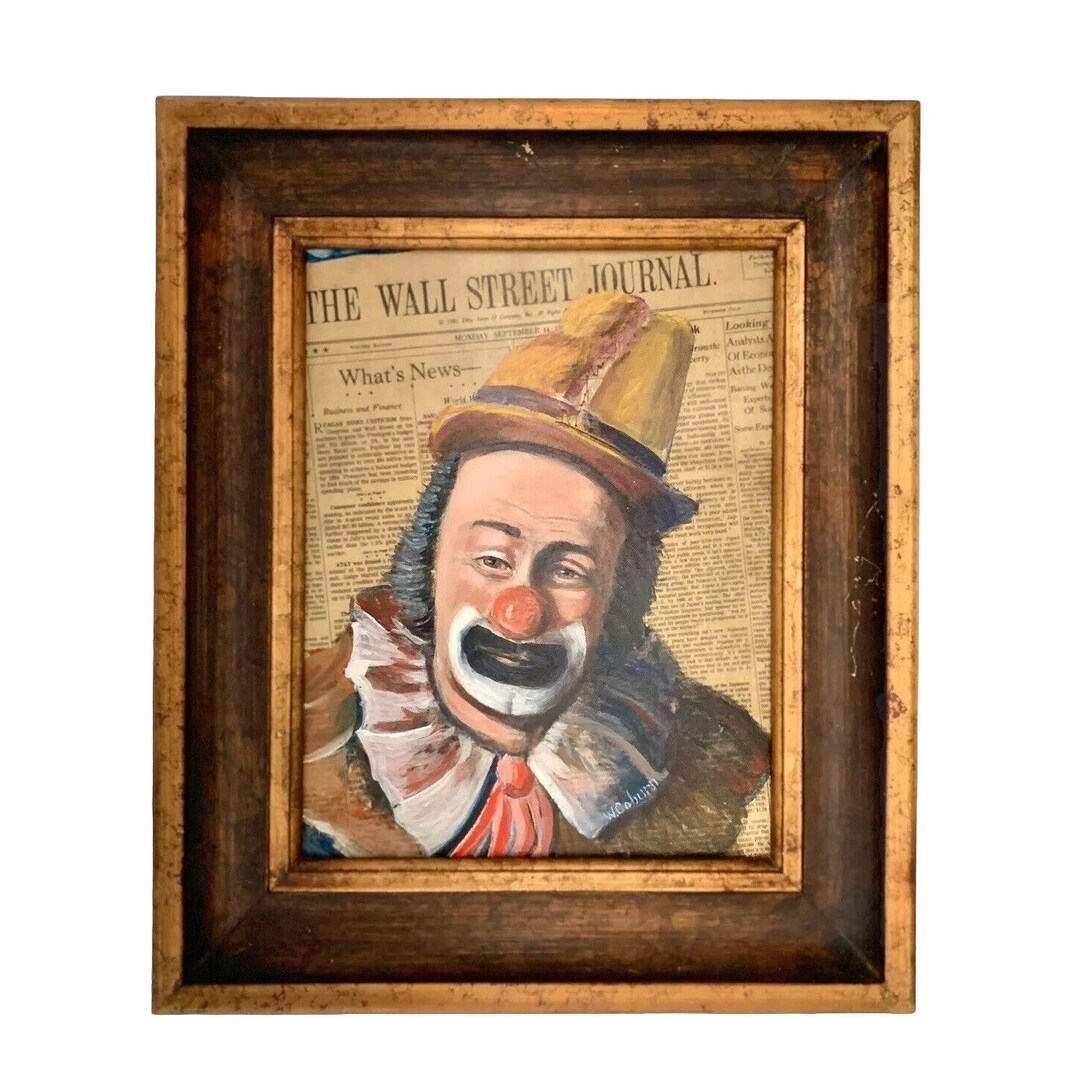 Clown Painting on Wall Street Journal Newspaper Oil on Board Vintage ...