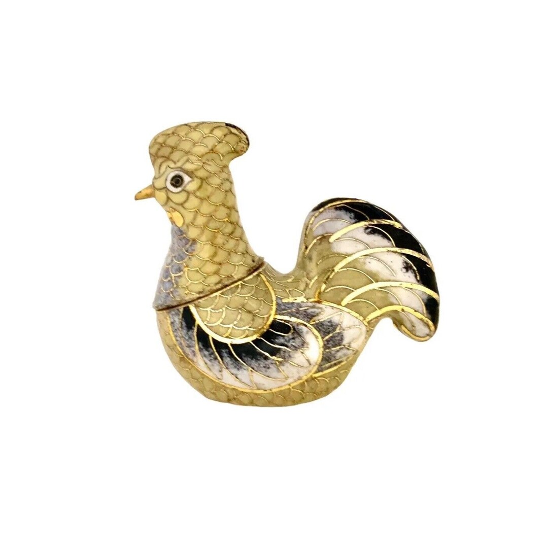 Chicken Design Trinket Box Cloisonné Enamel Brass Bird Vintage Oriental ...