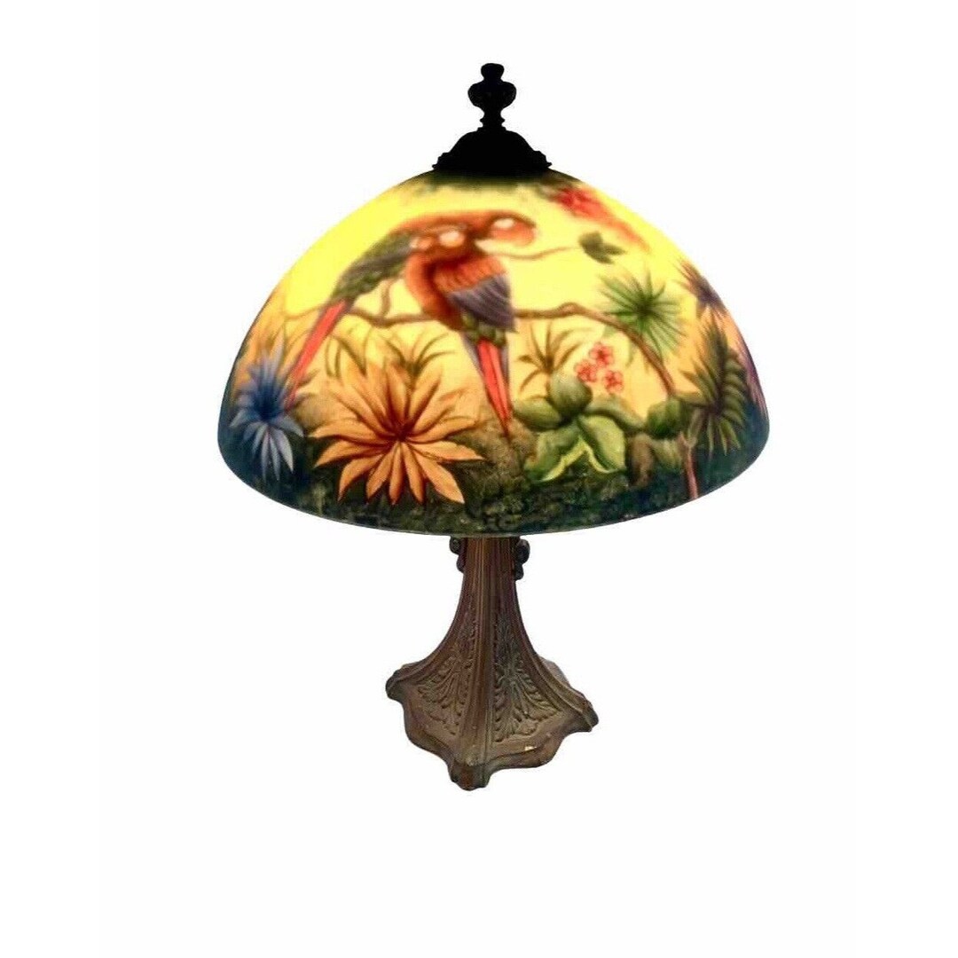Antique Lamp Reverse Painted Parrot Macaw Bird Glass Handel Design ...