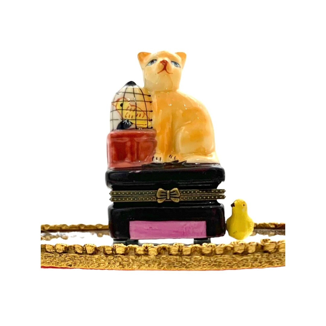 Cat Trinket Box Kitty Design With Bird and Birdcage Adorable Vintage ...