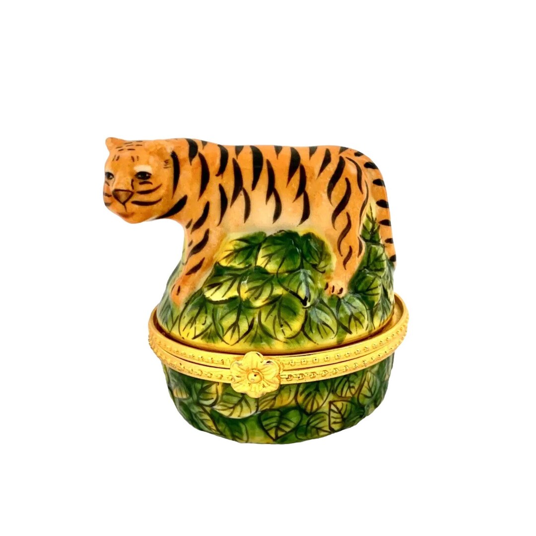 Tiger Trinket Box Porcelain Wild Cat Leopard Container Jaguar Safari ...