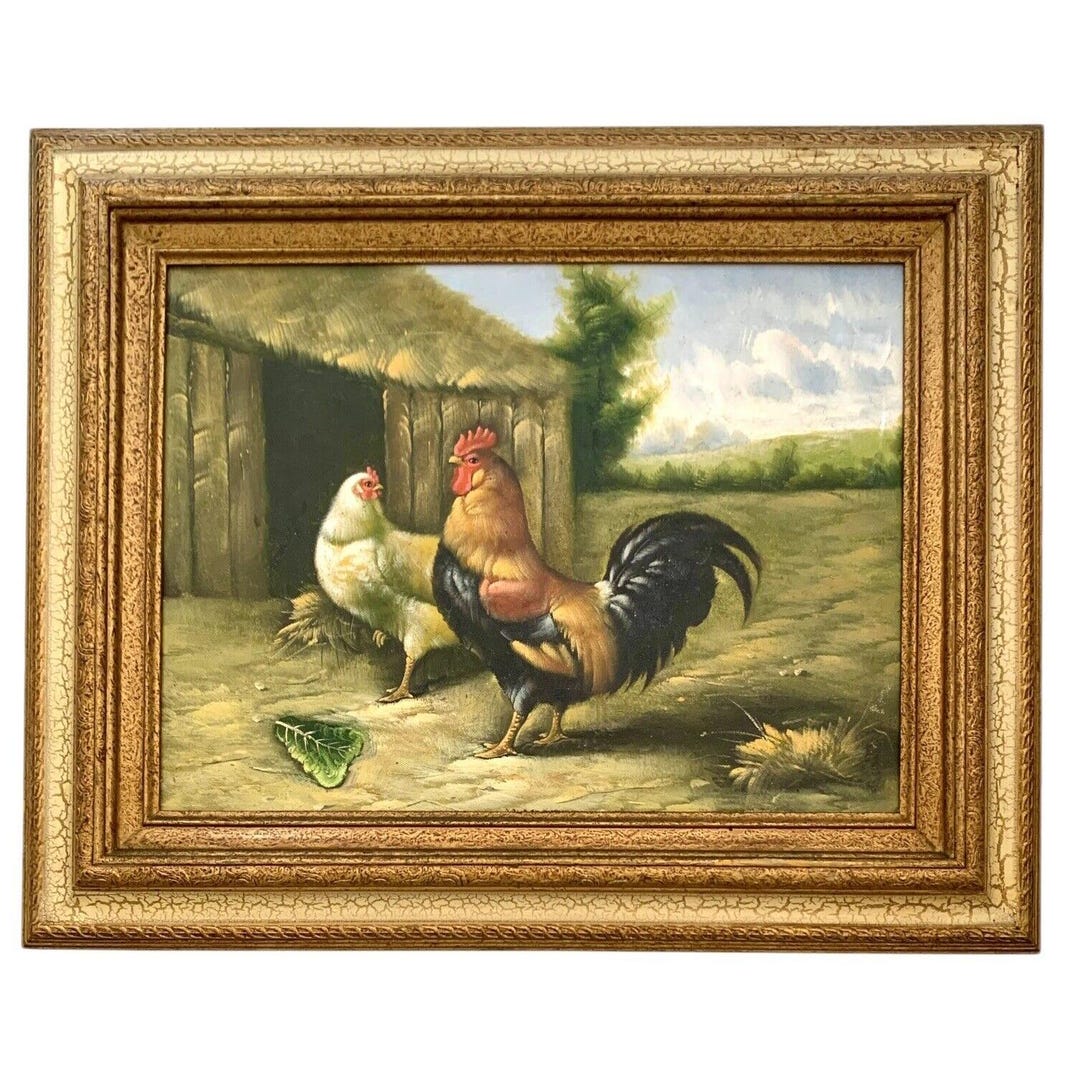 Chicken Painting Rooster and Hen Oil on Canvas Vintage Countryside Art ...
