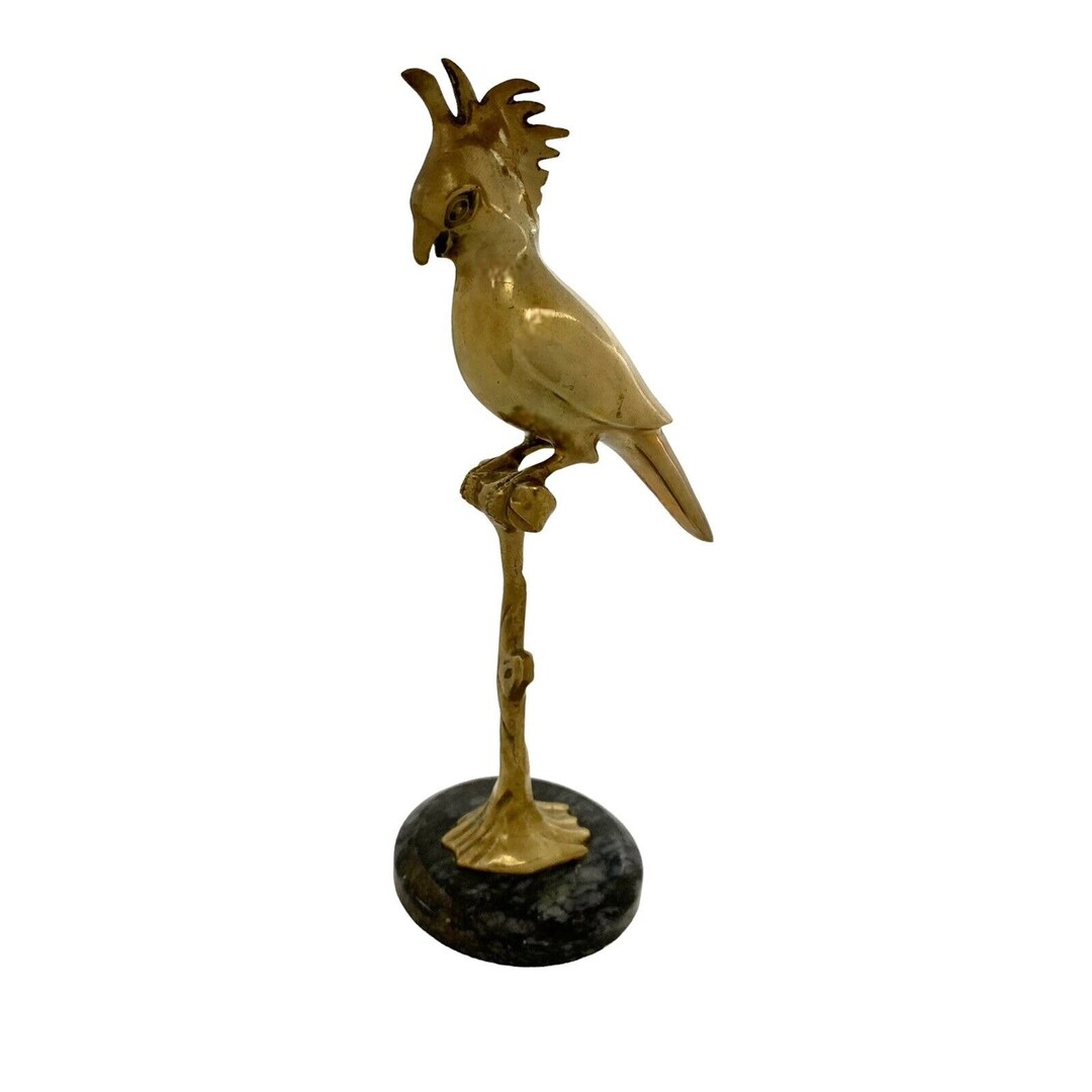 Bird Sculpture Brass Parrot on Marble Stand Vintage Hollywood Regency ...