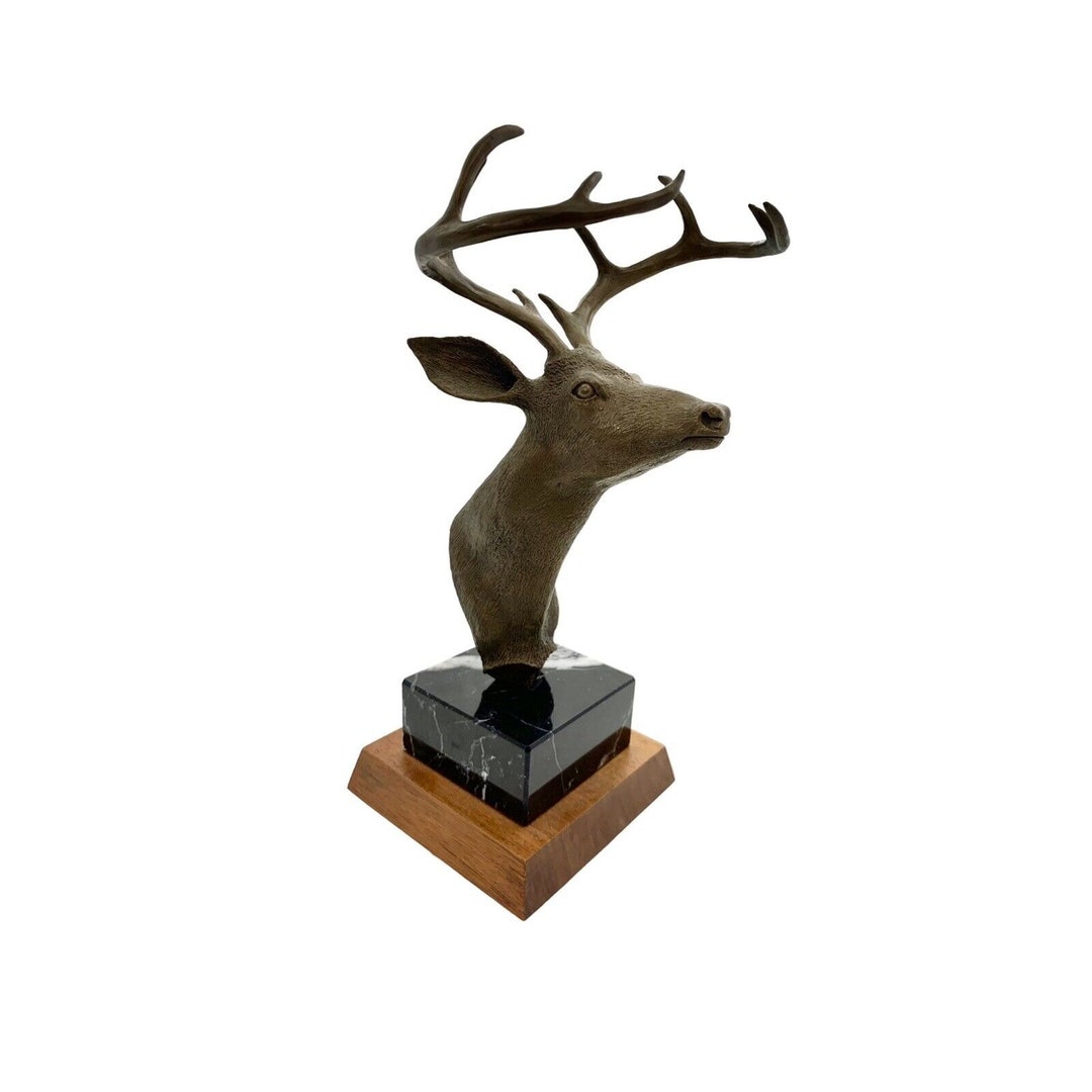 Statue Deer Stag Antler Metal on Marble and Wood Base Vintage Cabin ...