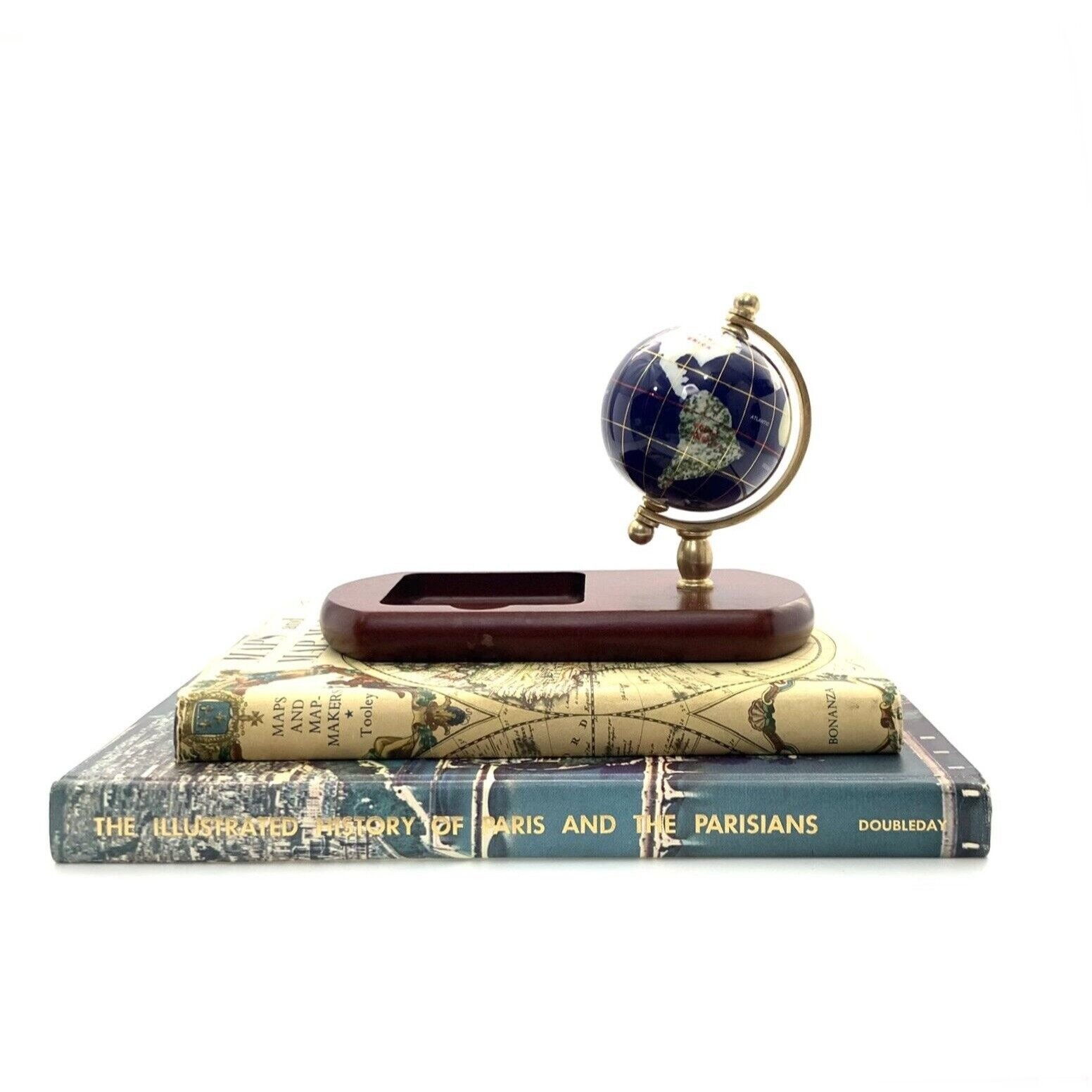Globe Note Card Holder Desk Set Gemstones & Pearl Inlays Office Decor ...