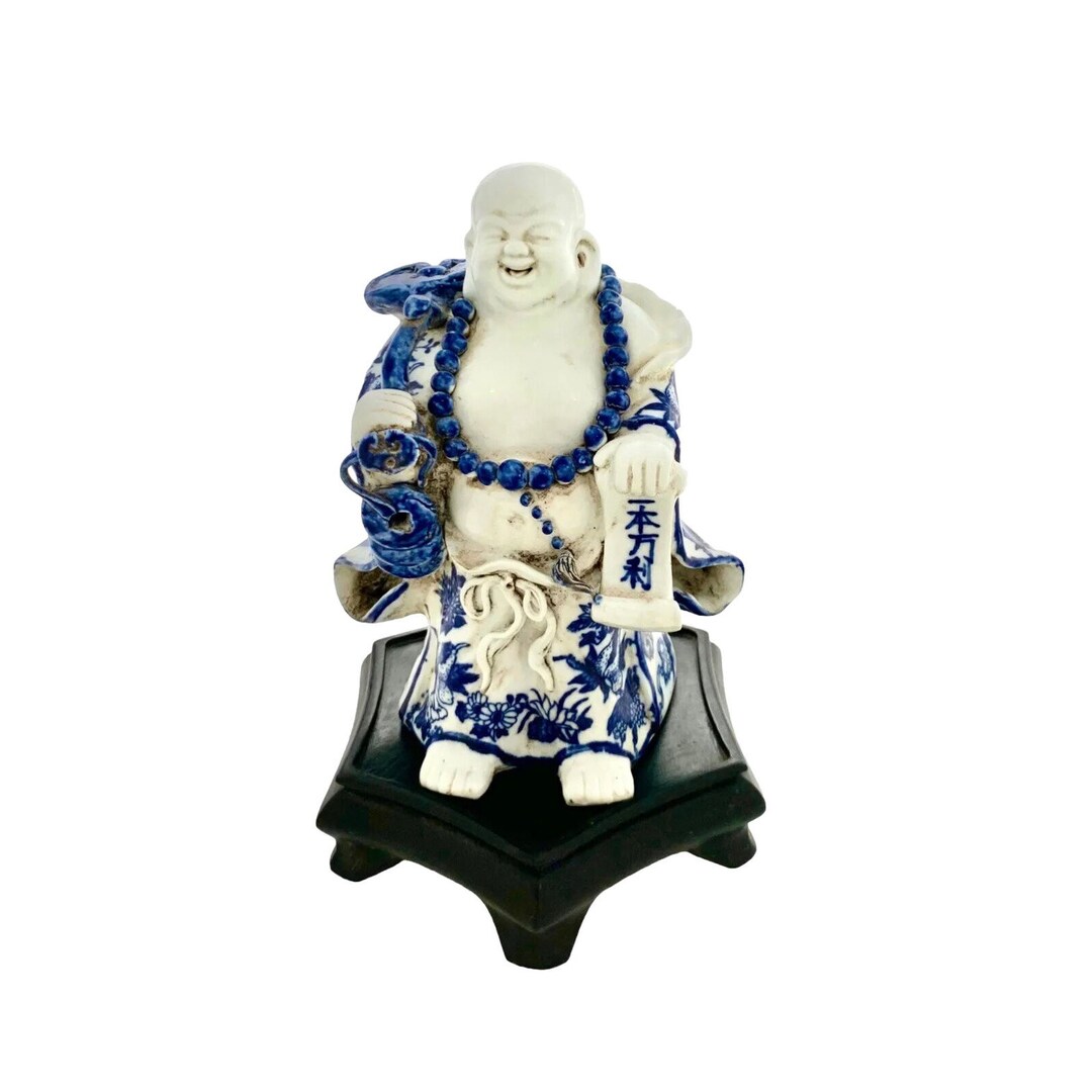 Vintage Blue and White Porcelain Figurine Happy Oriental Asian Statue ...
