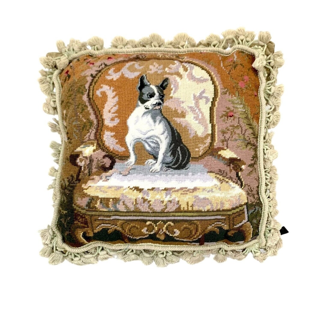 Dog Design Decorative Pillow Bulldog Needlepoint Tapestry Vintage Decor ...