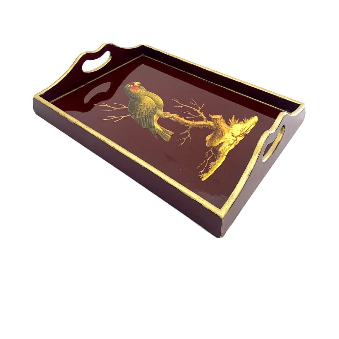 Tray With Bird Parrot Design Vintage Laquard Wood & Golden Accent Gift ...