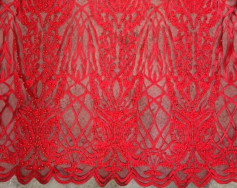Red Mesh Beaded Fabric - Etsy