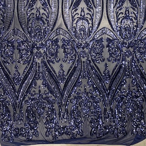 Alaina NAVY BLUE Curlicue Sequins on Mesh Lace Fabric by the Yard ...