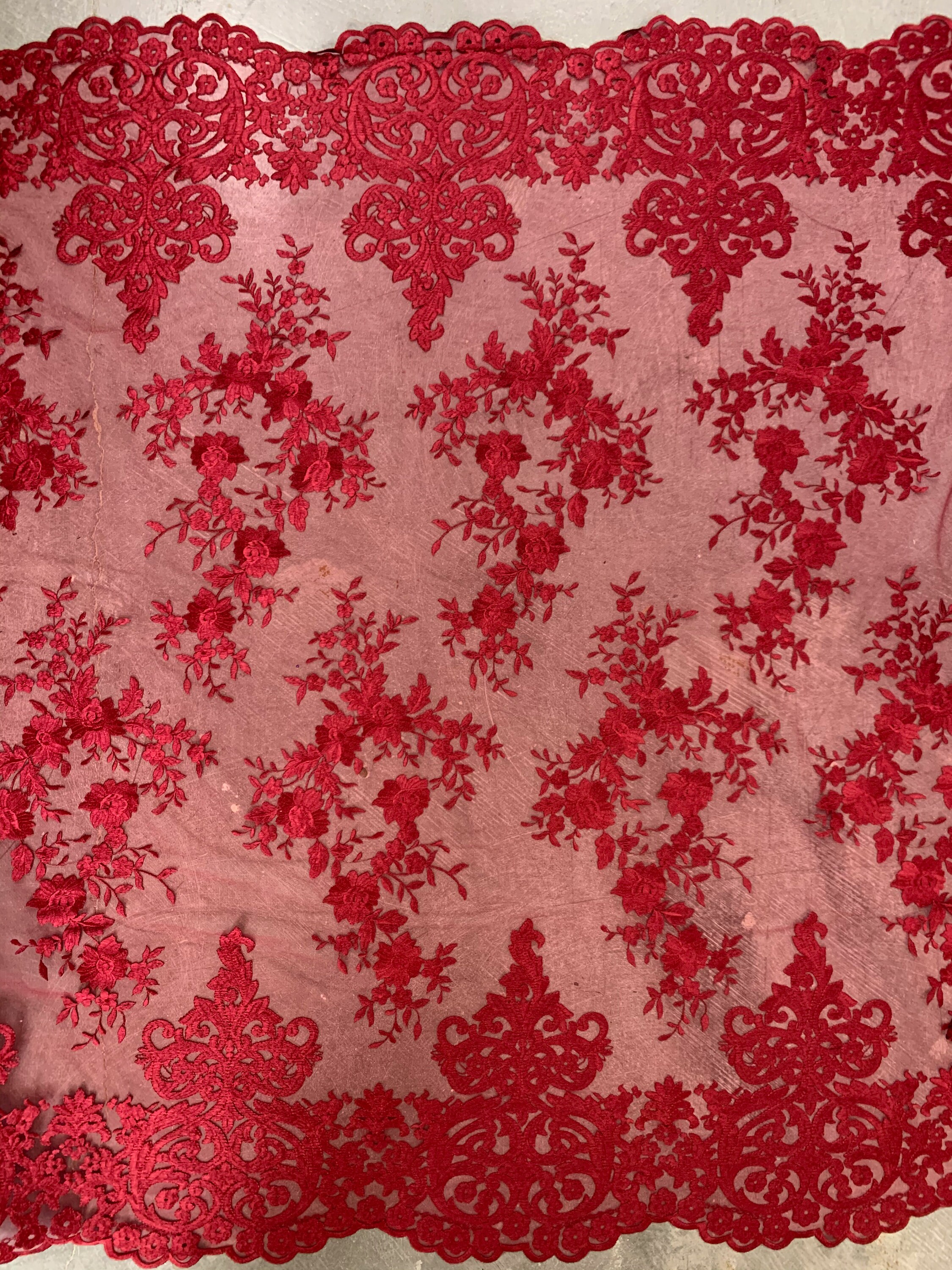 Teagan BURGUNDY Damask Design Embroidered on Mesh Lace Fabric by the ...