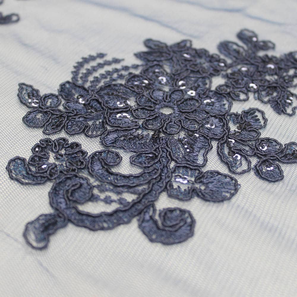 Brianna NAVY BLUE Polyester Floral Embroidery With Sequins on Mesh Lace ...