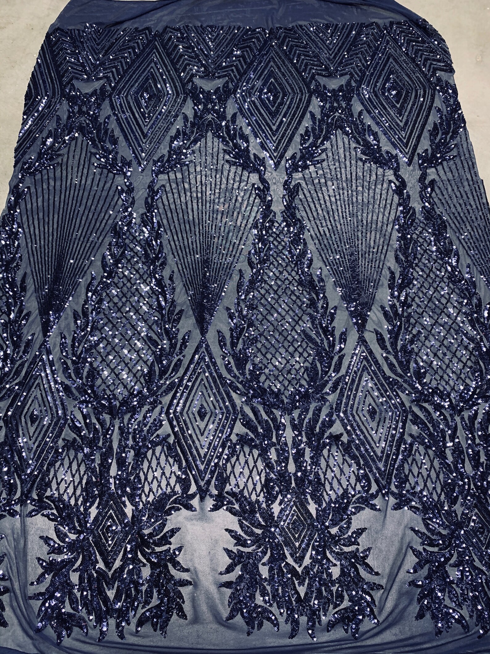Francesca NAVY BLUE Vines and Diamonds Pattern Sequins on Mesh Lace ...