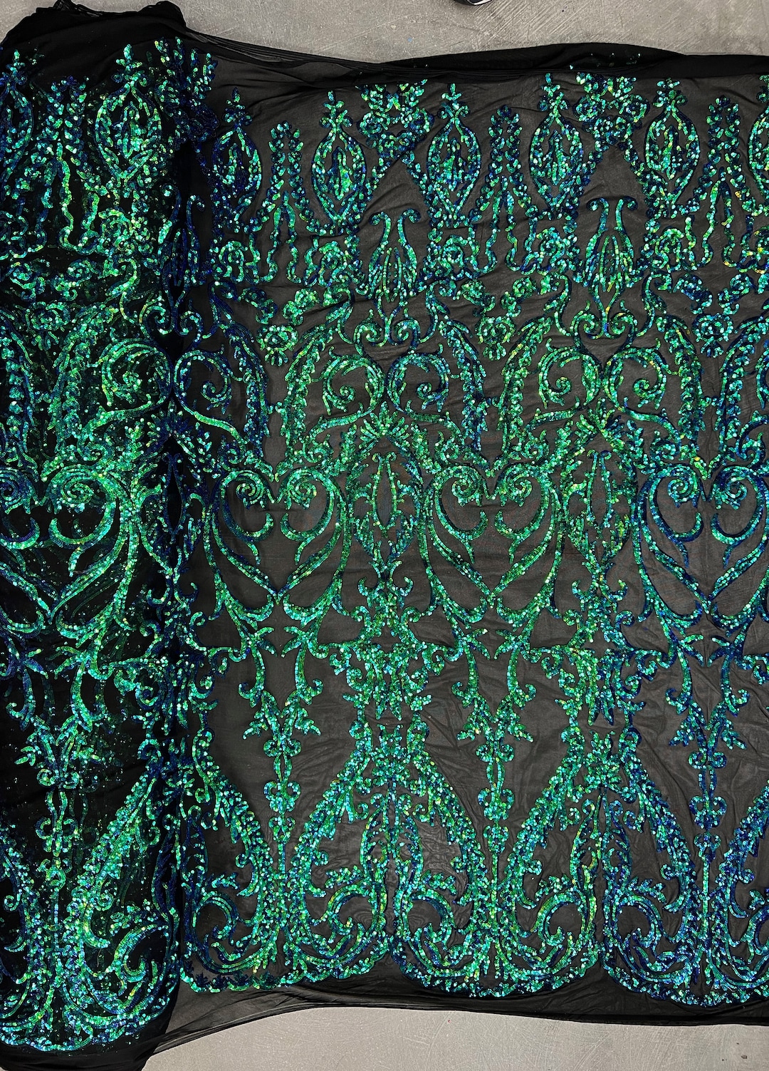 Esmeralda IRIDESCENT GREEN BLUE Mermaid Sequins on Mesh Lace Fabric by ...