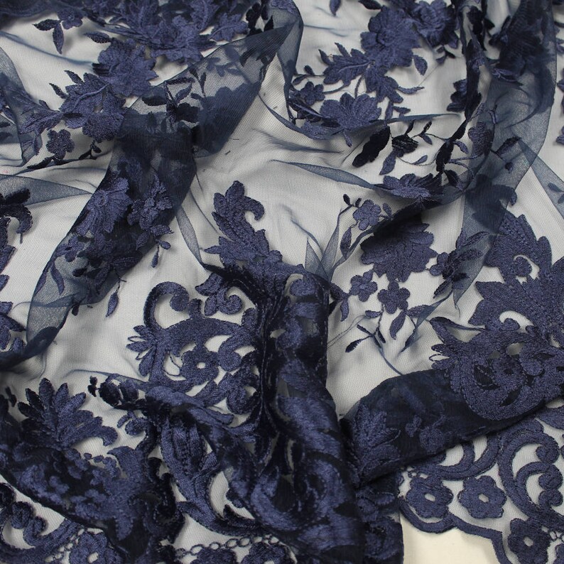 Teagan NAVY BLUE Damask Design Embroidered on Mesh Lace Fabric | Etsy