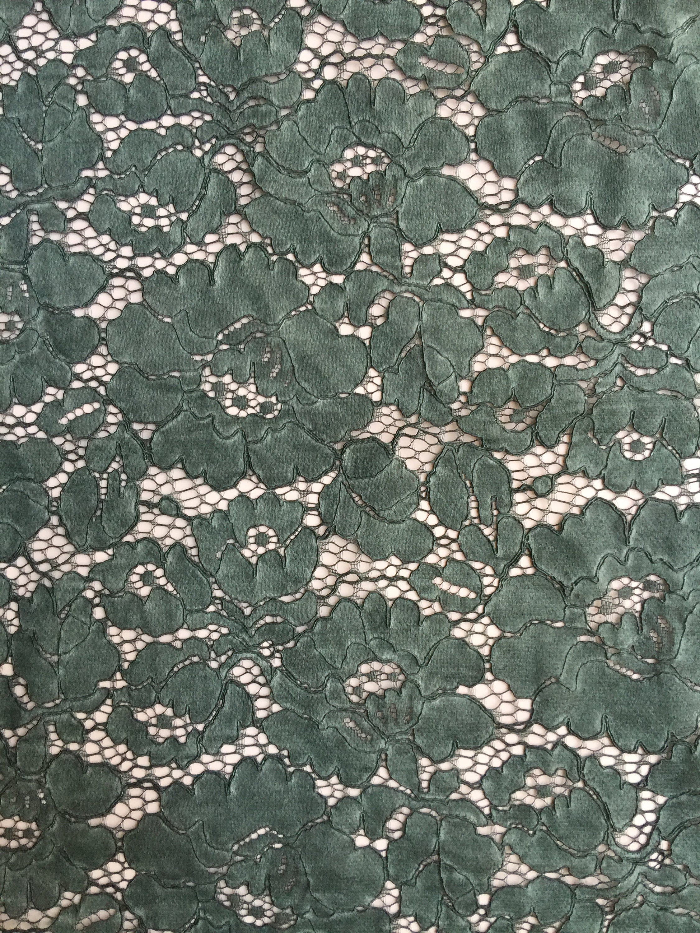 Summer HUNTER GREEN Floral Pattern Double Dyed Flat Lace on Mesh Fabric ...