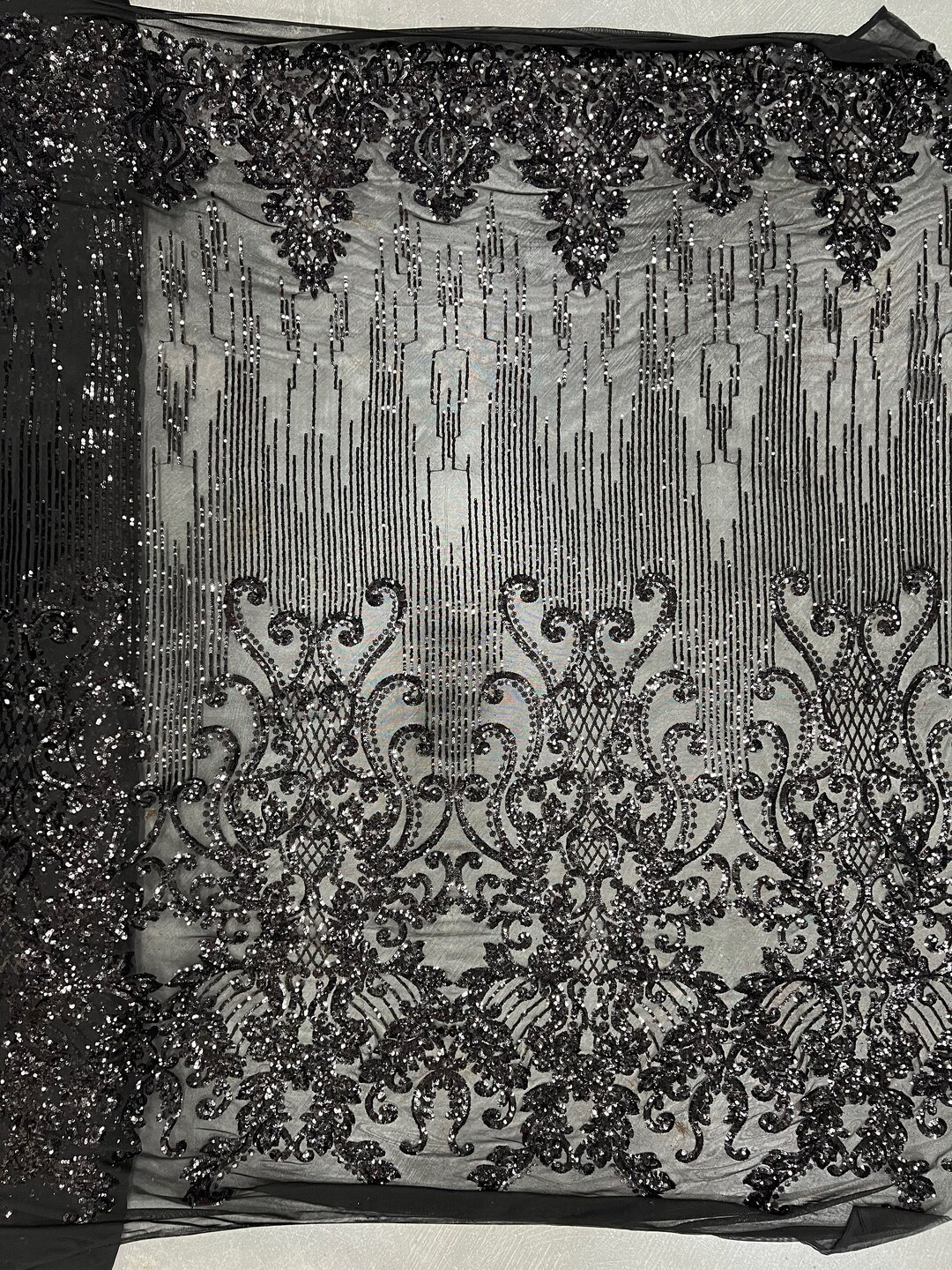 Angelica BLACK Curlicues and Leaves Sequins on Mesh Lace Fabric by the ...