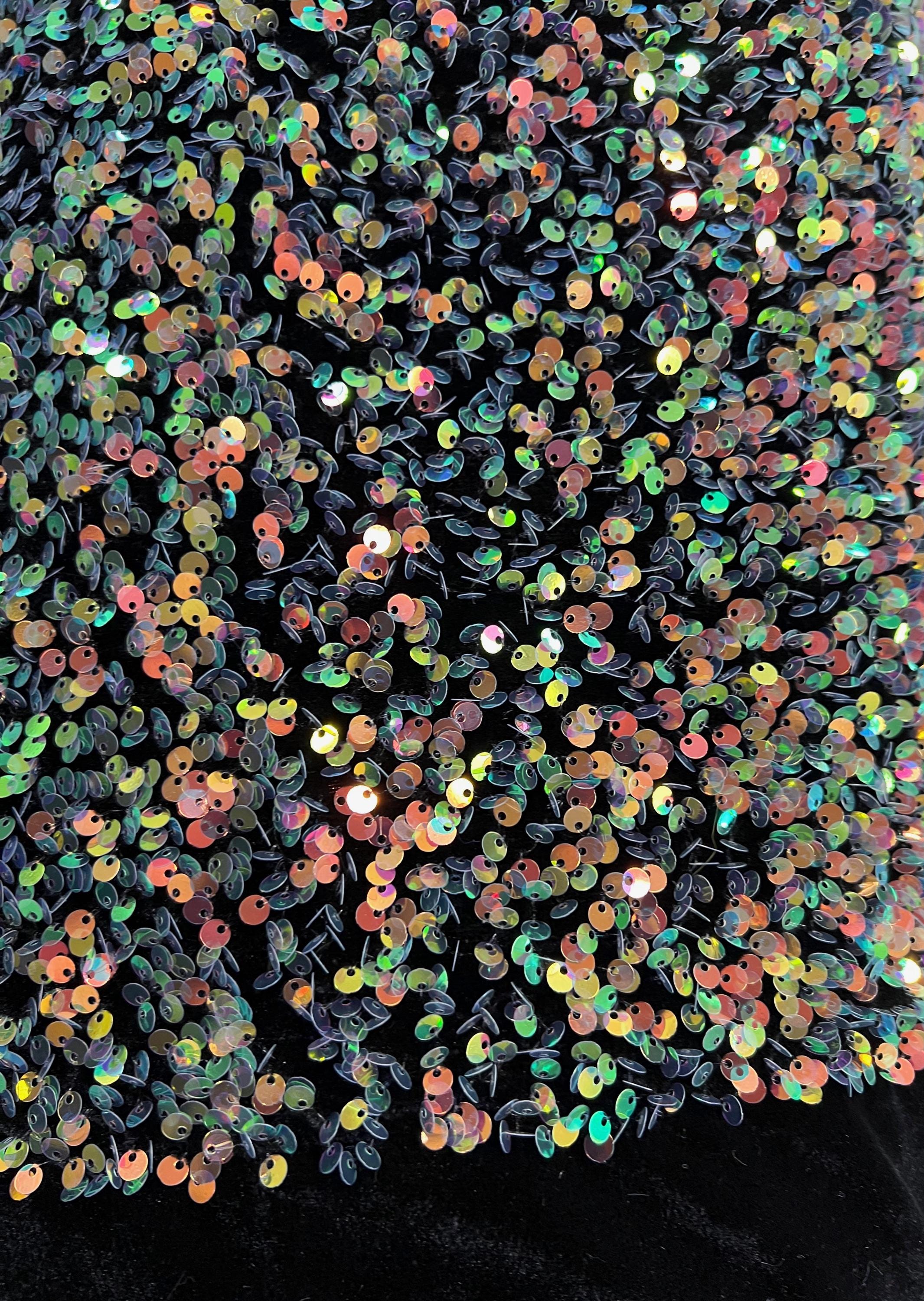 Stephanie MULTI COLORED Overlap Sequins on BLACK Stretch Velvet Fabric ...