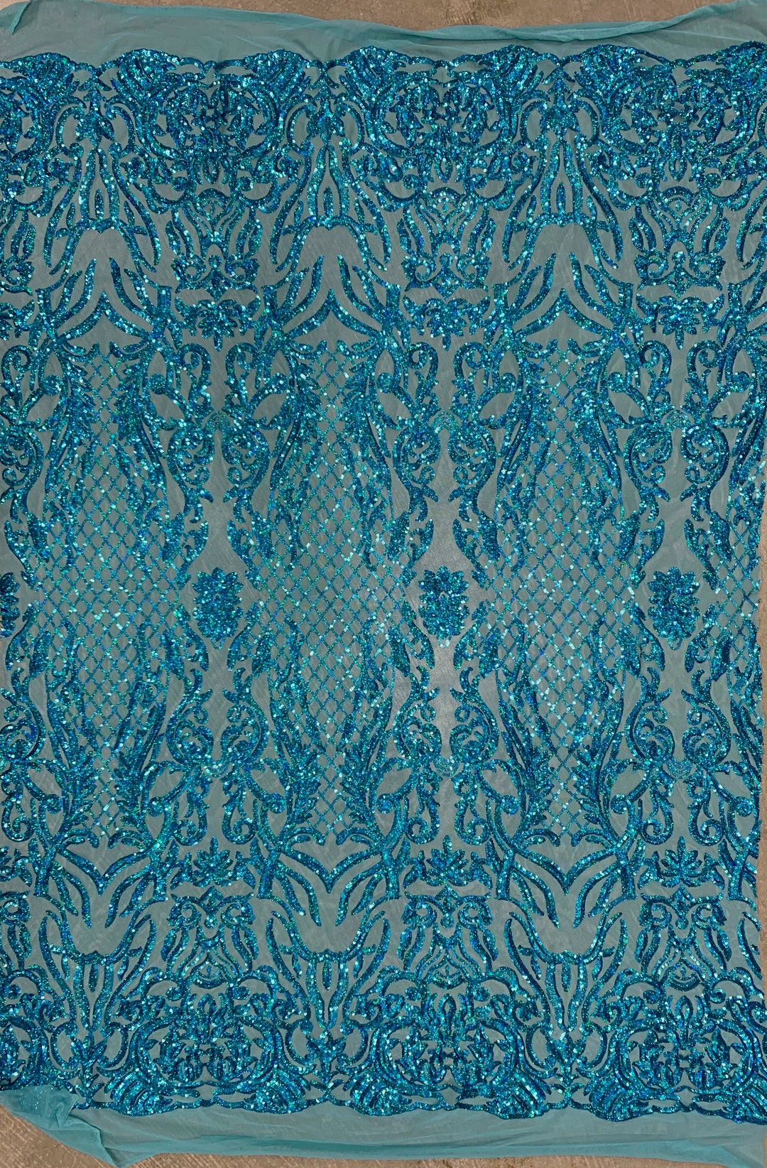 Phoebe IRIDESCENT TURQUOISE Sequins on Mesh Lace Fabric by the Yard ...
