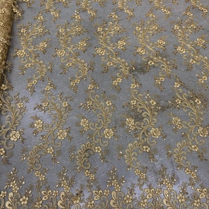 Melody GOLD Polyester Floral Embroidery With Sequins on Mesh Lace ...
