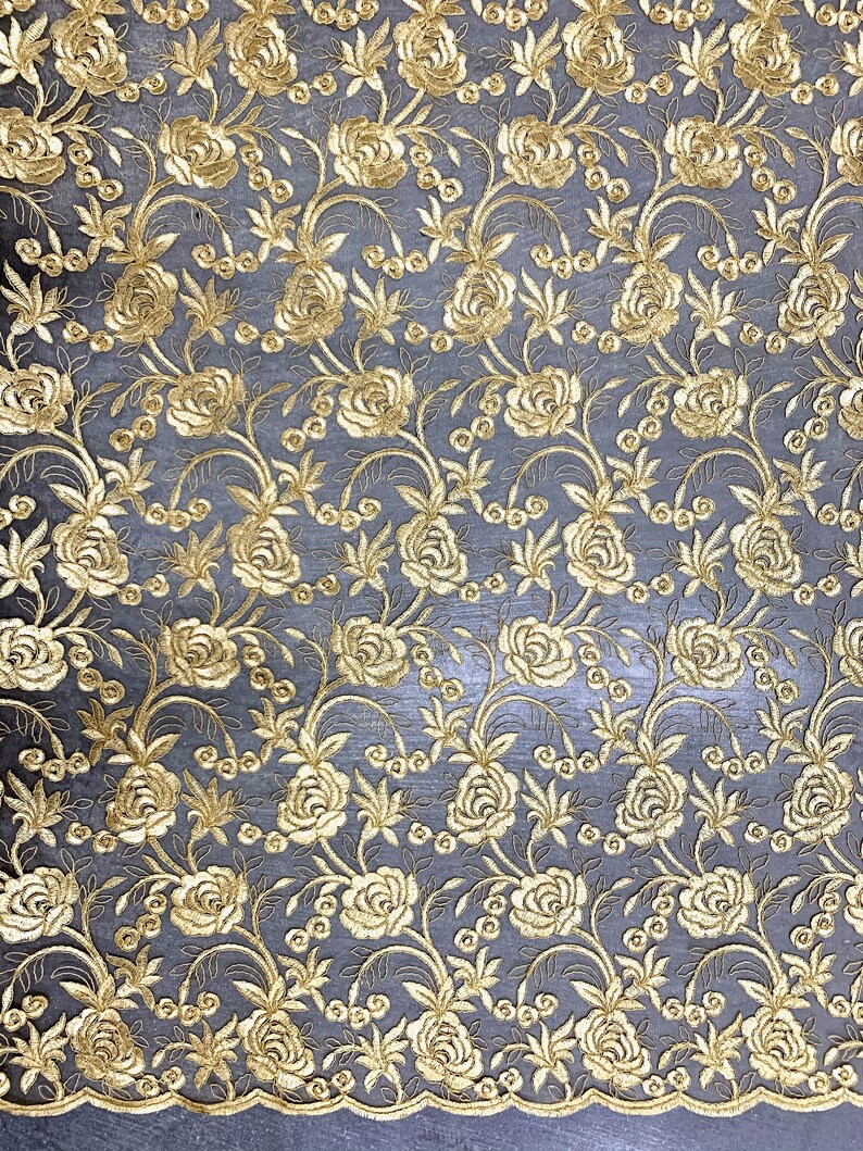 Dakota GOLD Polyester Corded Floral Embroidery on Mesh Lace - Etsy