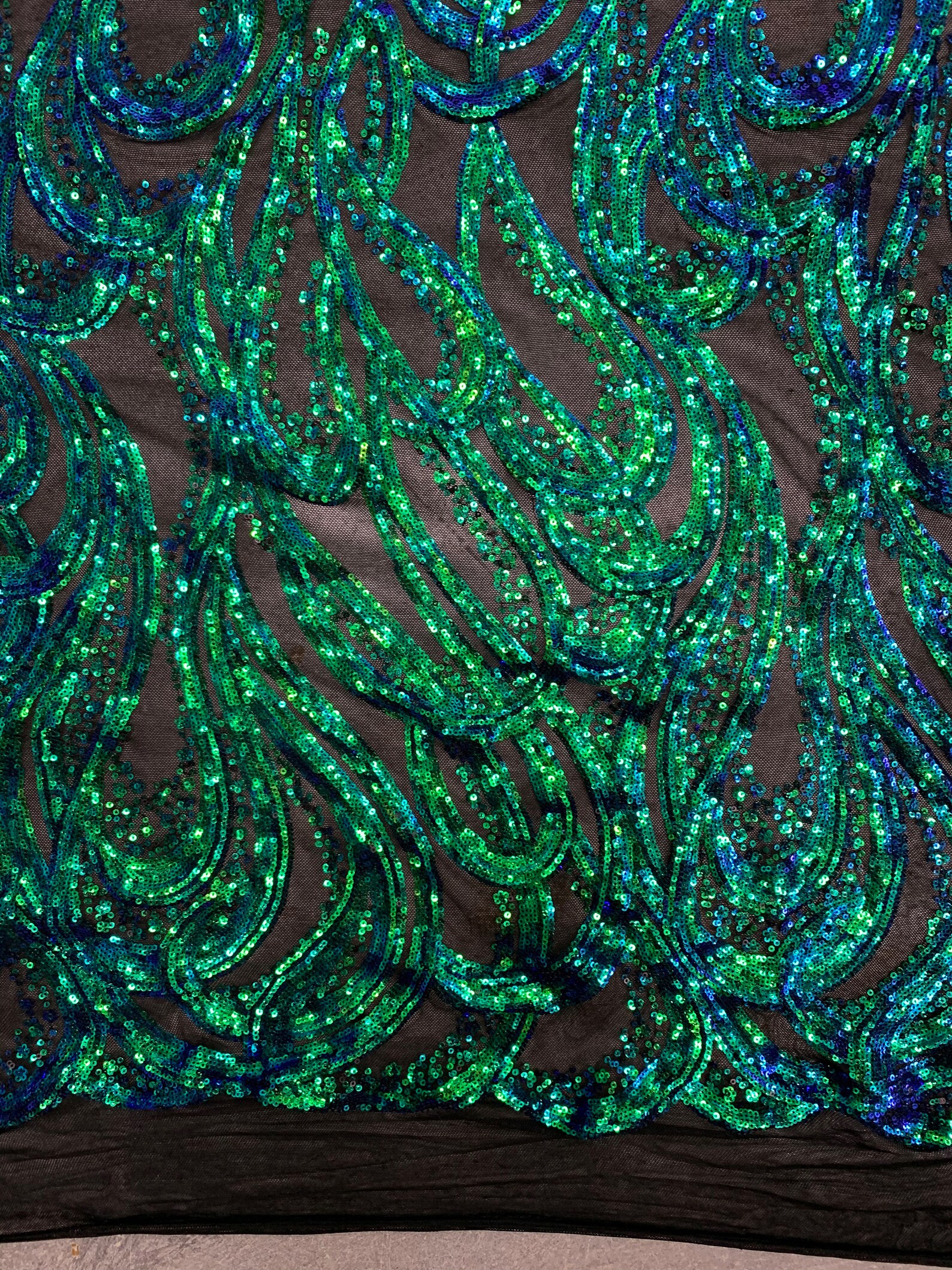 Lorelei IRIDESCENT GREEN BLUE Mermaid Swirls Sequins on Mesh Lace ...