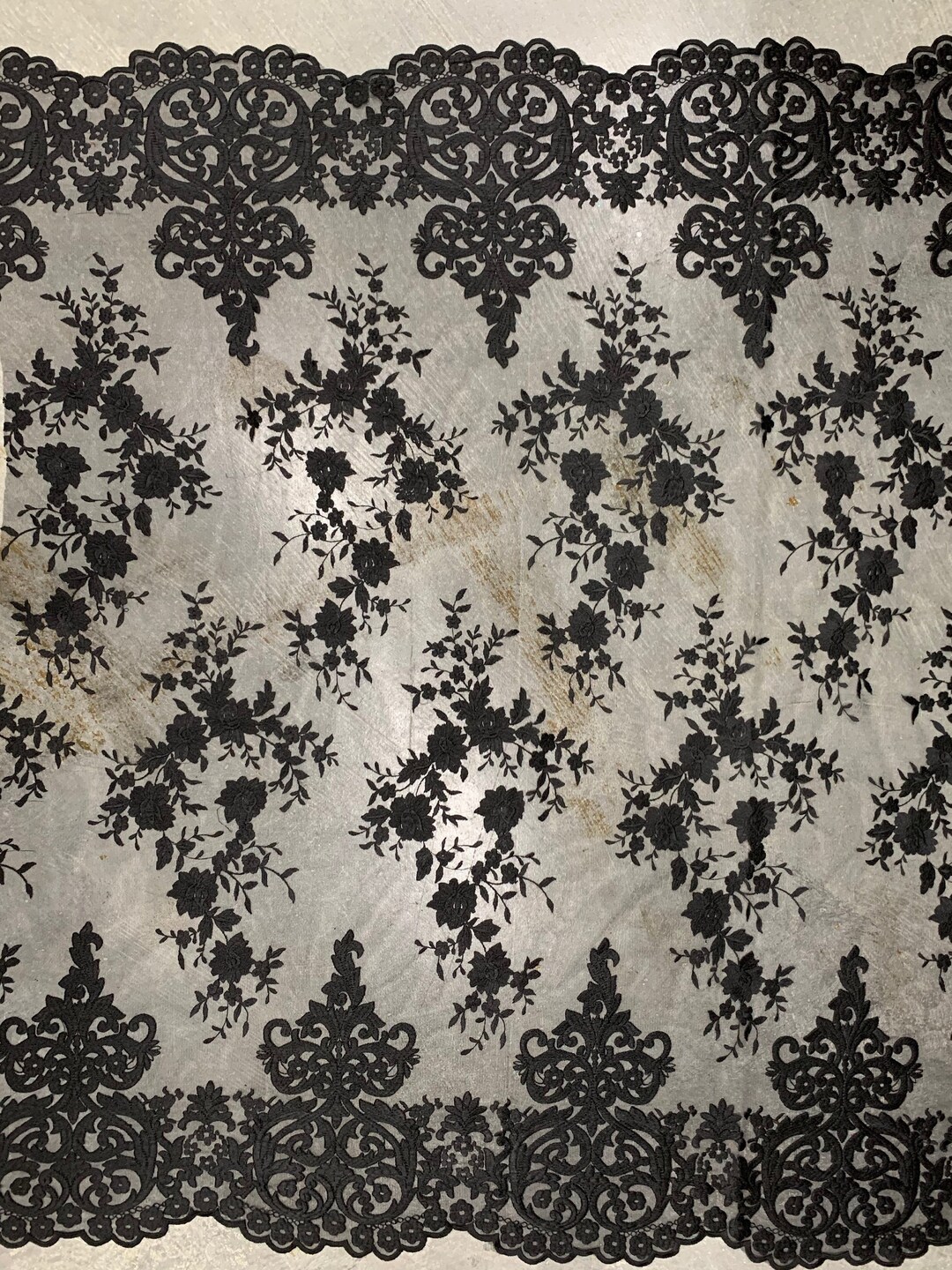 Teagan BLACK Damask Design Embroidered on Mesh Lace Fabric by the Yard ...