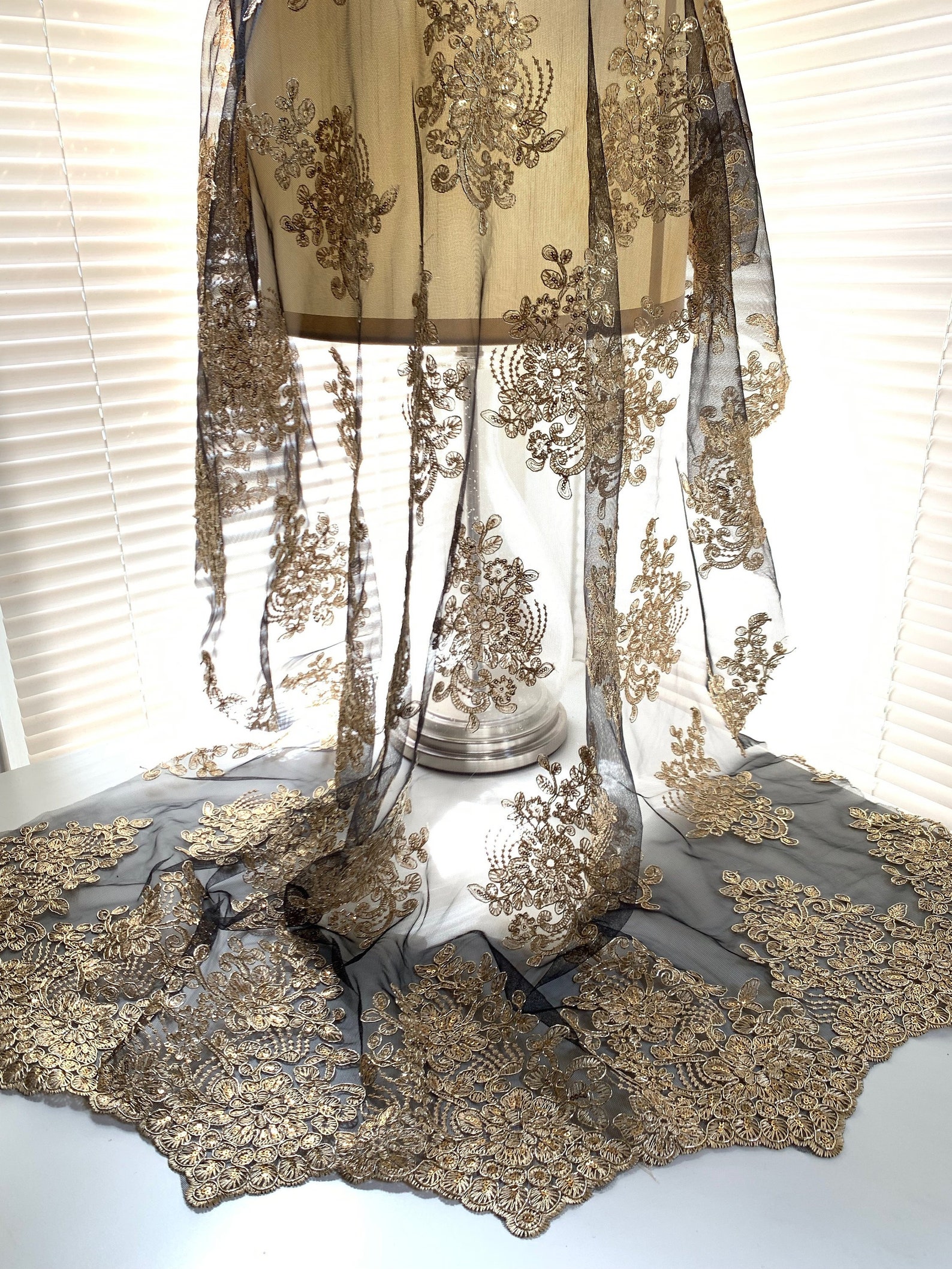 Brianna GOLD Polyester Floral Embroidery With Sequins on BLACK Mesh ...