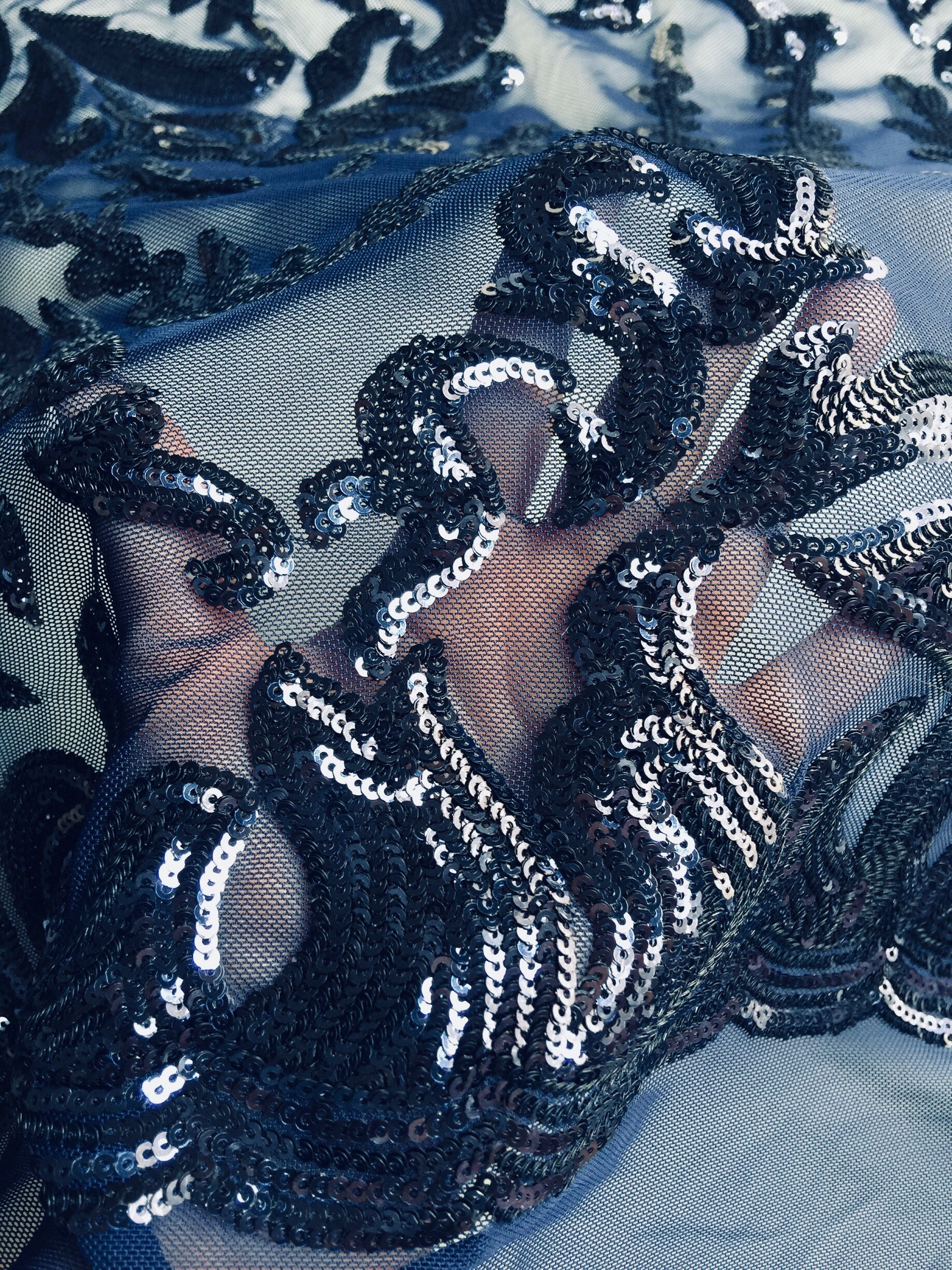 Miranda NAVY BLUE Vines and Leaves Sequins on NAVY Mesh Lace Fabric by ...