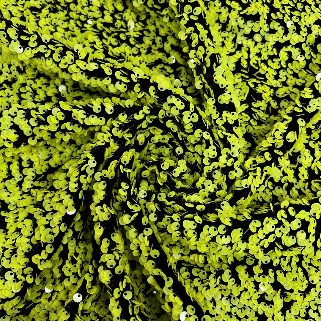 Stephanie APPLE GREEN Overlap Sequins on BLACK Stretch Velvet Fabric by ...