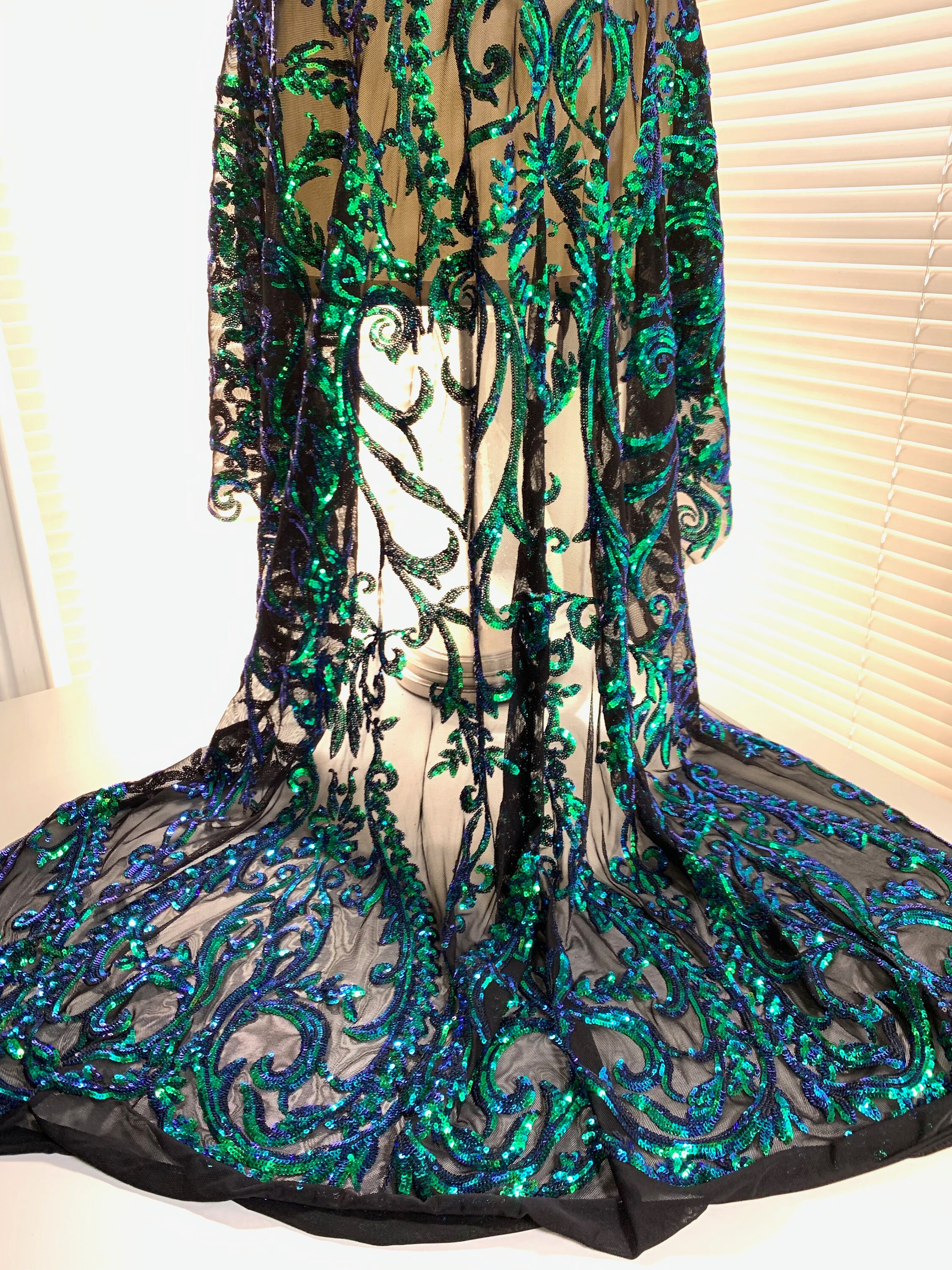 Esmeralda IRIDESCENT GREEN BLUE Mermaid Sequins on Mesh Lace Fabric by ...