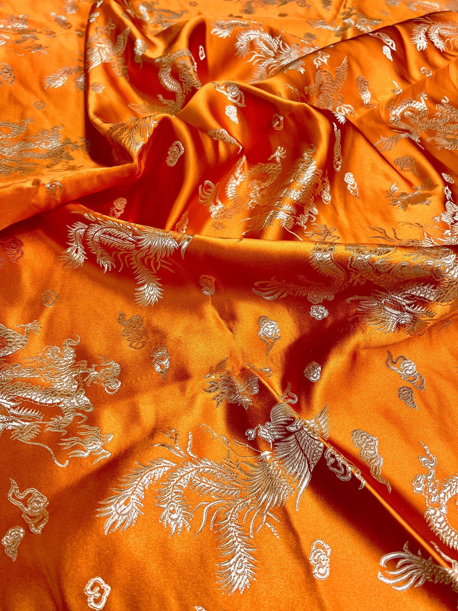 Arisa ORANGE Gold Dragon Brocade Chinese Satin Fabric for Cheongsam ...