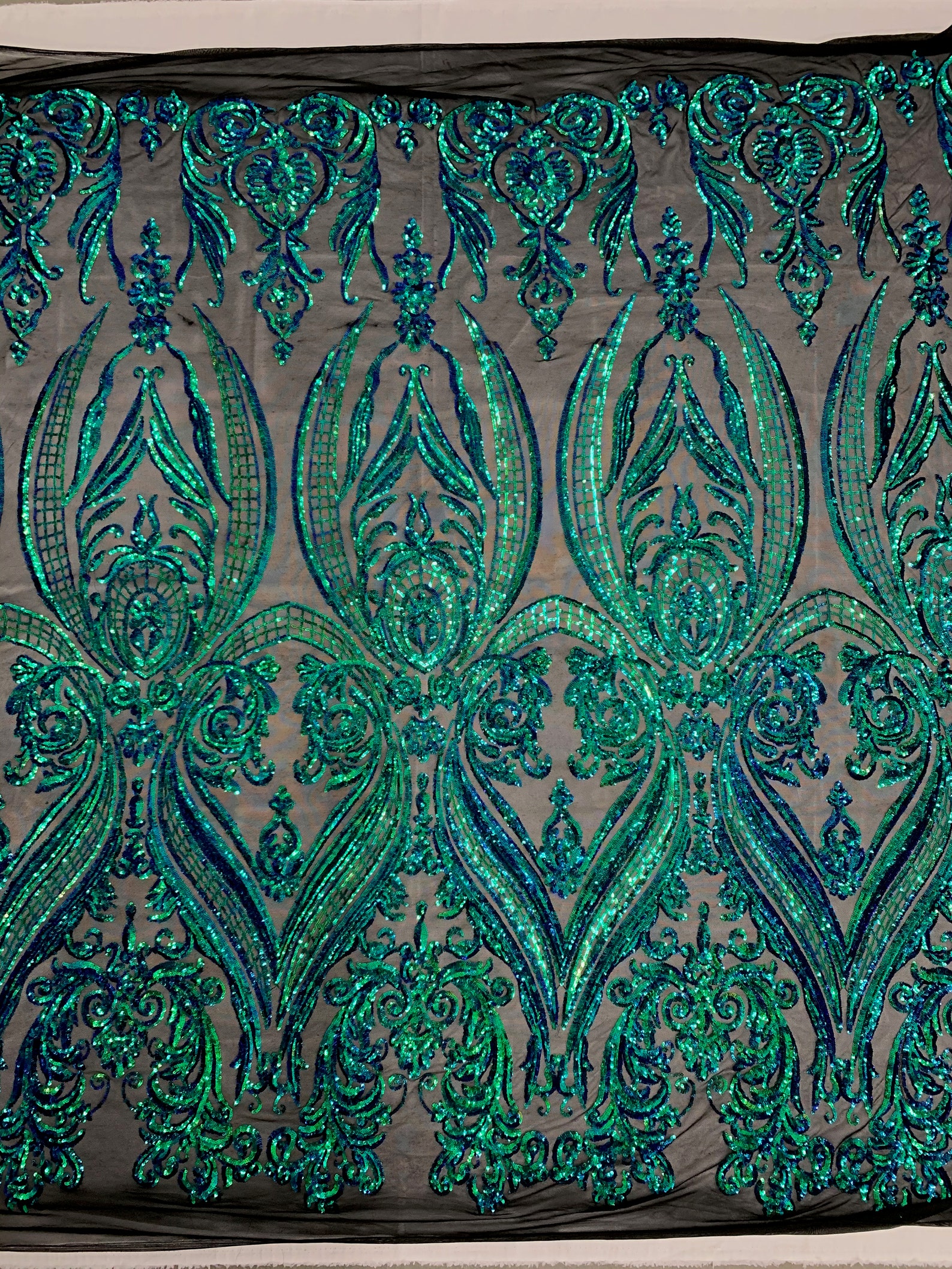 Alaina IRIDESCENT GREEN BLUE Mermaid Curlicue Sequins on Mesh Lace ...