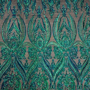 Alaina IRIDESCENT GREEN BLUE Mermaid Curlicue Sequins on Mesh Lace ...