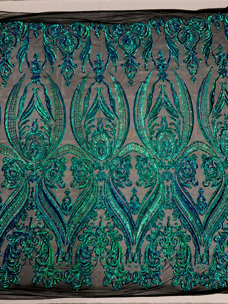 Alaina IRIDESCENT GREEN BLUE Mermaid Curlicue Sequins on Mesh Lace ...