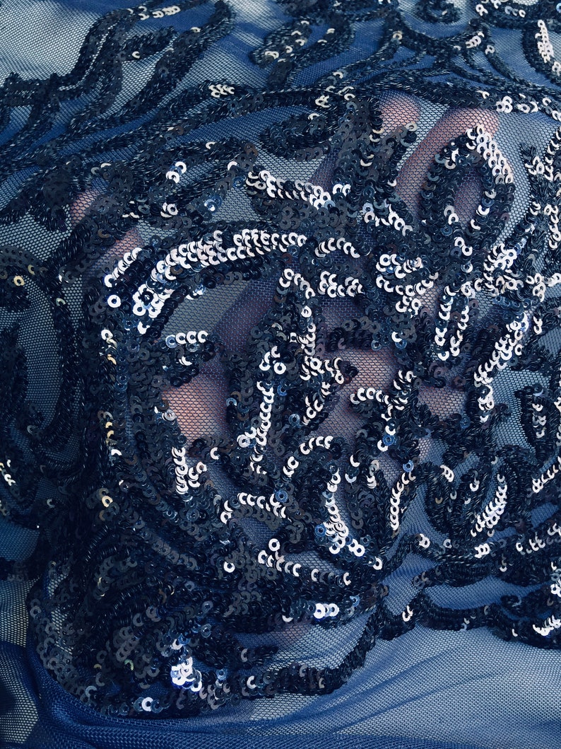 Phoebe NAVY BLUE Sequins on Mesh Lace Fabric by the Yard - Etsy