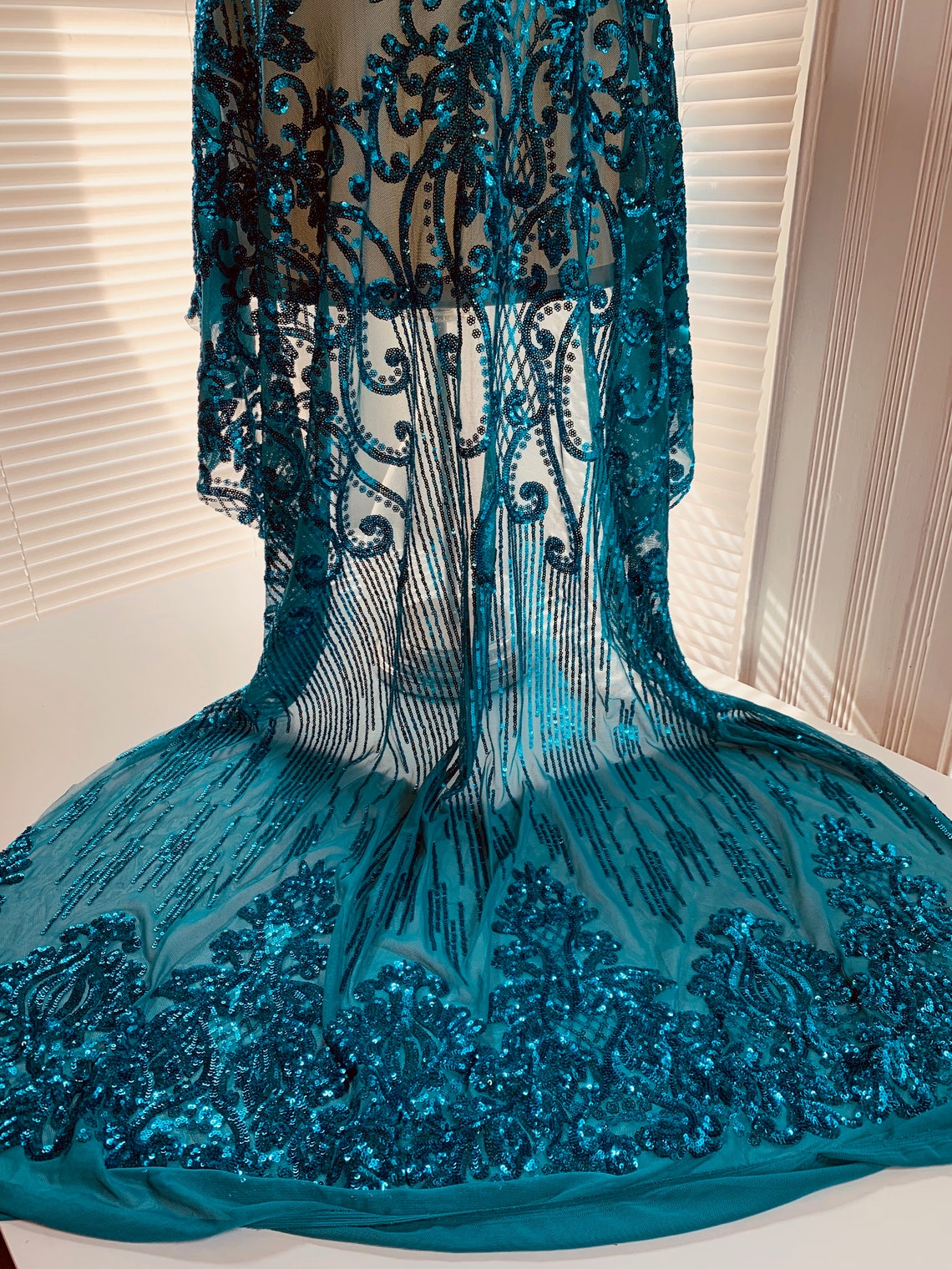 Angelica DARK TURQUOISE Curlicues and Leaves Sequins on Mesh | Etsy