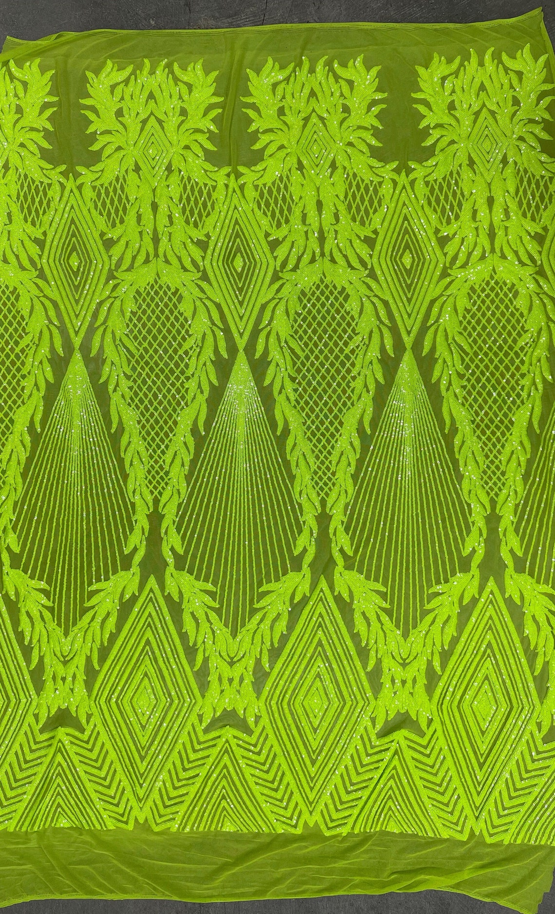 Francesca NEON YELLOW GREEN Vines and Diamonds Pattern Sequins on Mesh ...
