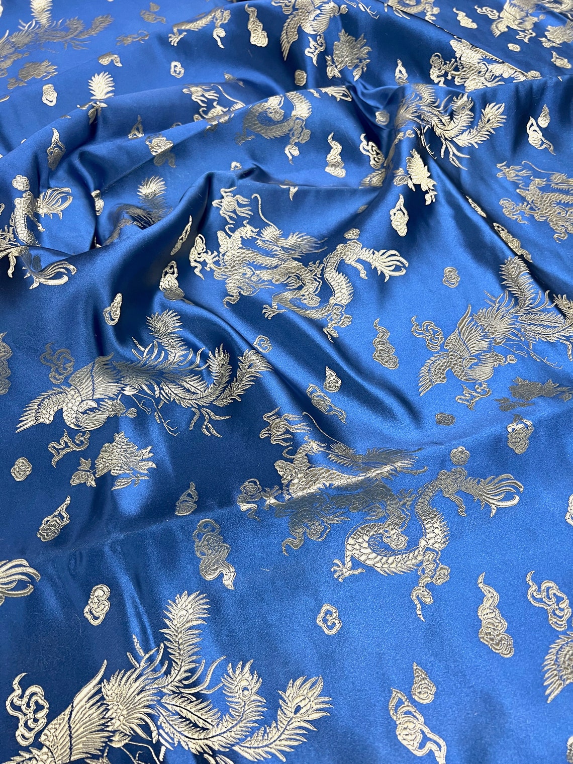 Arisa BLUE Gold Dragon Brocade Chinese Satin Fabric for Cheongsam/qipao ...