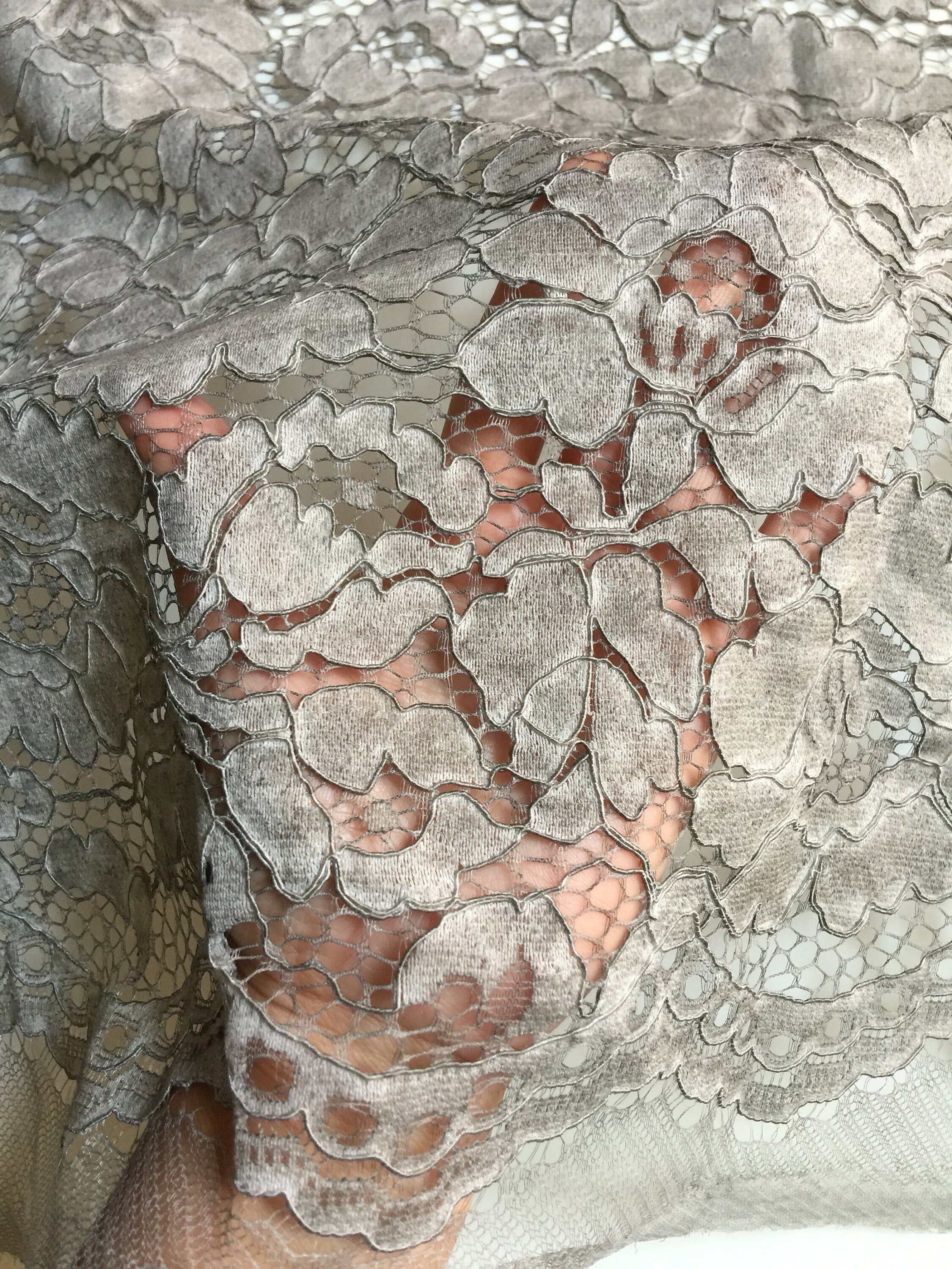 Summer LIGHT GREY Floral Pattern Double Dyed Flat Lace on Mesh Fabric ...