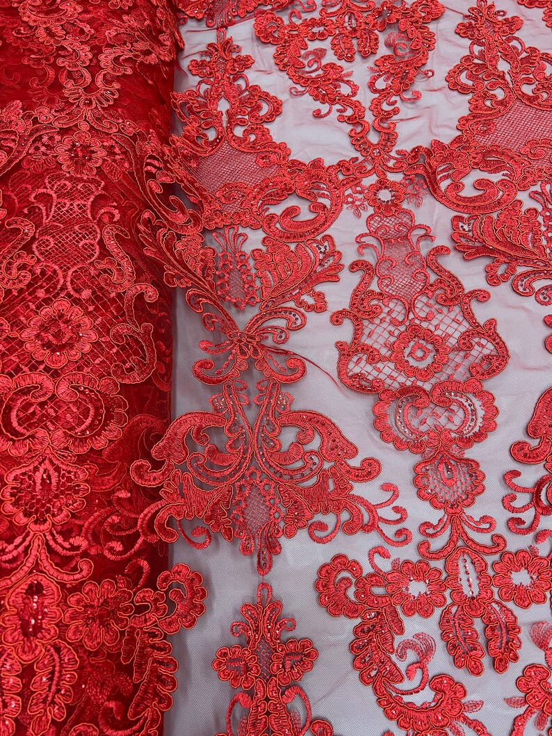 Vivian RED Polyester Embroidery With Sequins on Mesh Lace - Etsy
