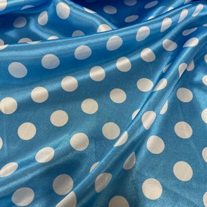 Shelby 0.75" WHITE Polka Dots on TURQUOISE Polyester Light Weight Satin ...