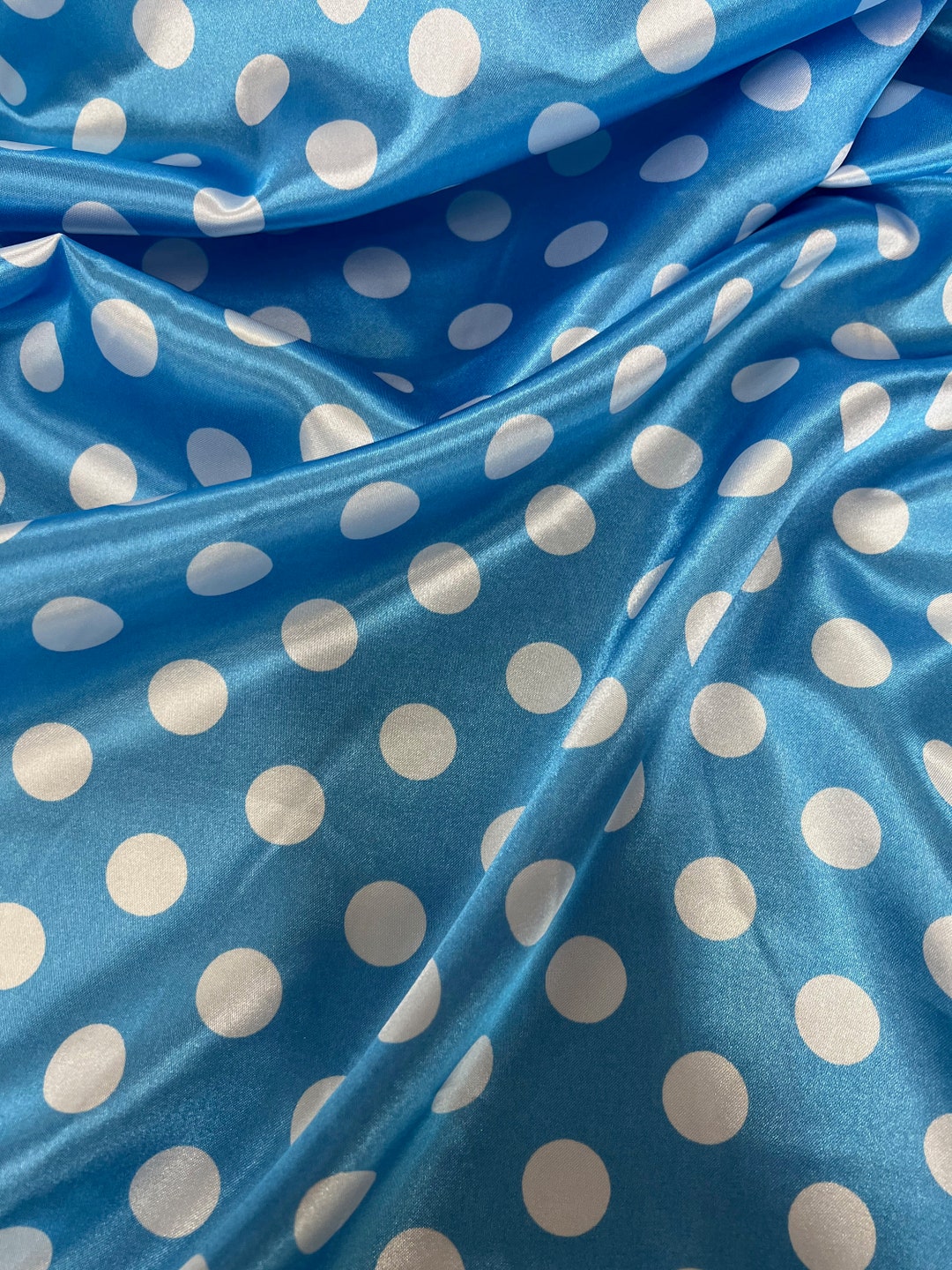 Shelby 0.75" WHITE Polka Dots on TURQUOISE Polyester Light Weight Satin ...