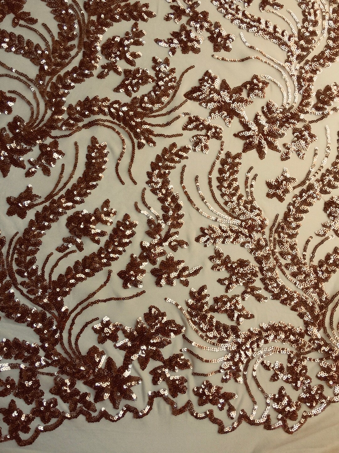 Erin COPPER Flowers and Leaves Sequins on Mesh Lace Fabric by the Yard ...
