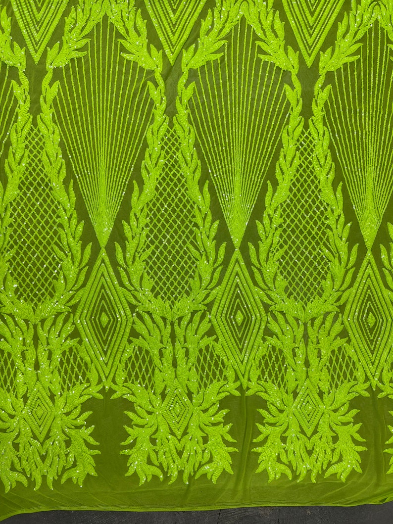Francesca NEON YELLOW GREEN Vines and Diamonds Pattern Sequins on Mesh ...